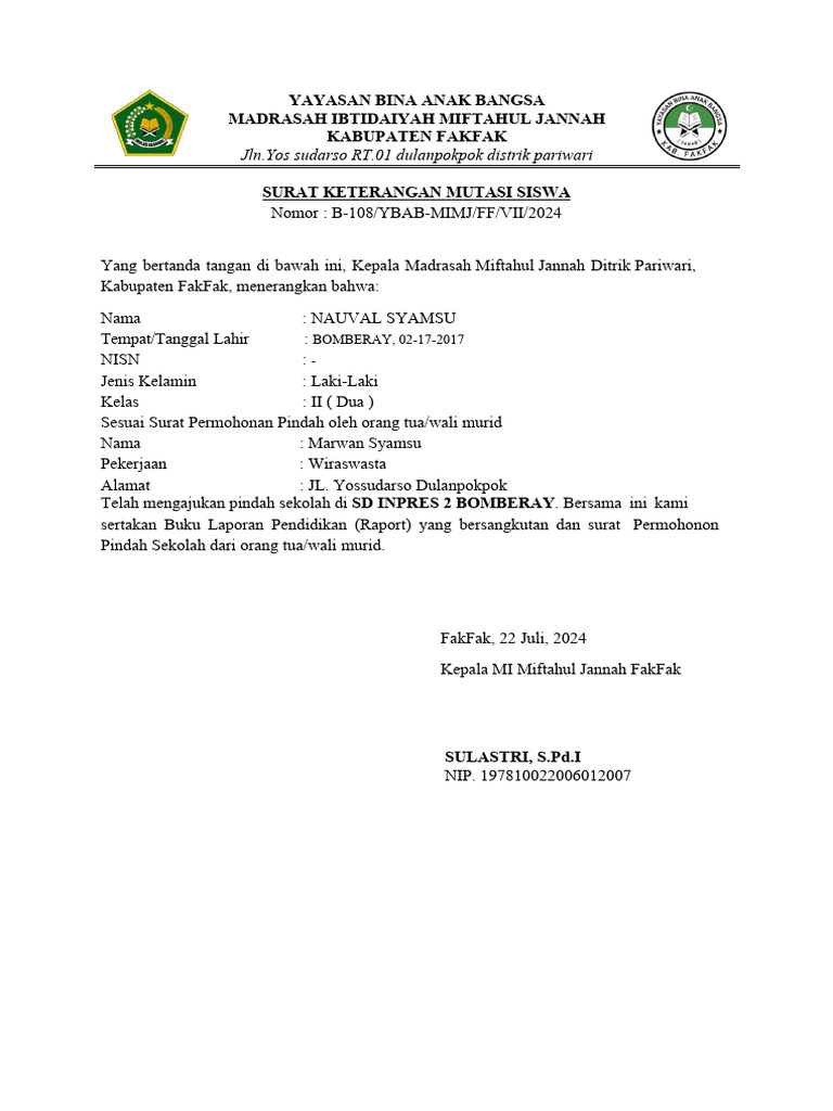 Surat Mutasi Siswa MI Miftahul Jannah | PDF
