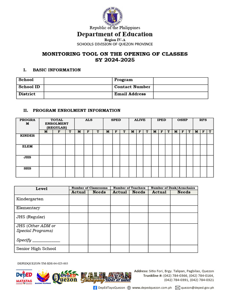 Quezon School Opening Monitoring Tool | PDF