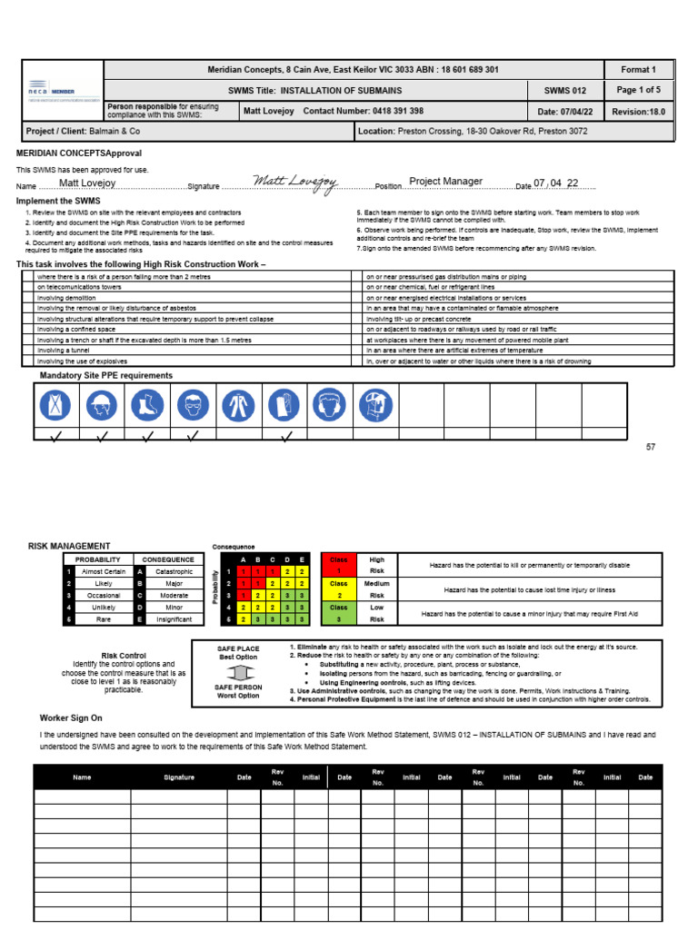 SWMS 12 - Installation of Submains | PDF | Personal Protective ...