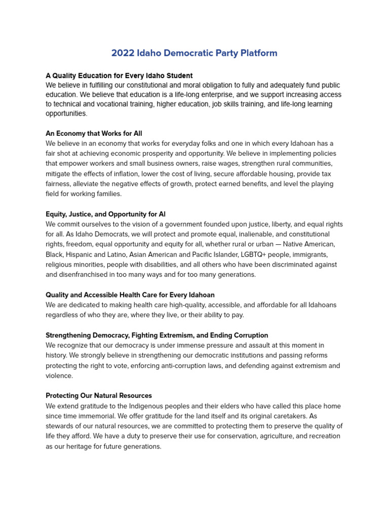 2022 Idaho Democratic Party Platform | PDF | Cost Of Living | Democracy
