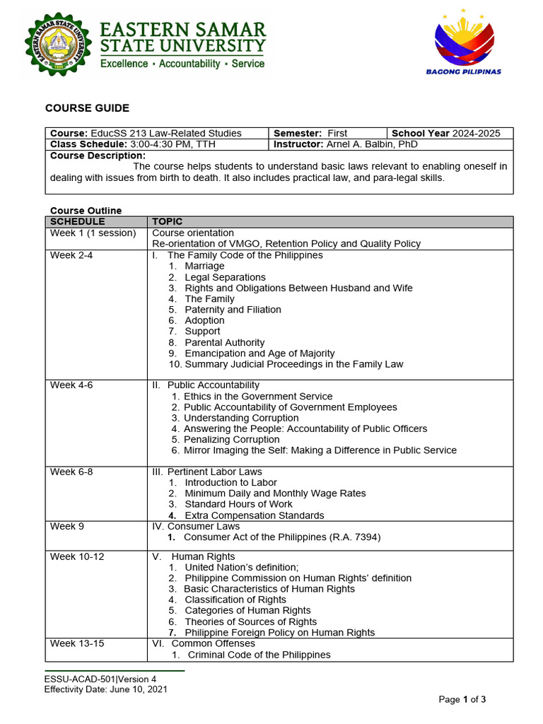 COURSE GUIDE Educ SS 213 Law Related Studies - 2024 | PDF | Critical ...