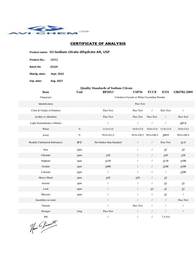Sodium Citrate Avichem | PDF | Materials | Chemical Substances