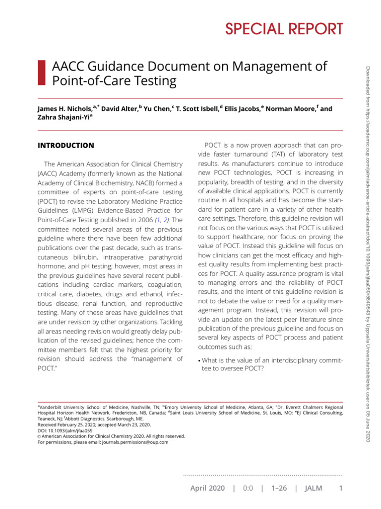 AACC Guidance Document On Management of Point-of-Care Testing | PDF ...