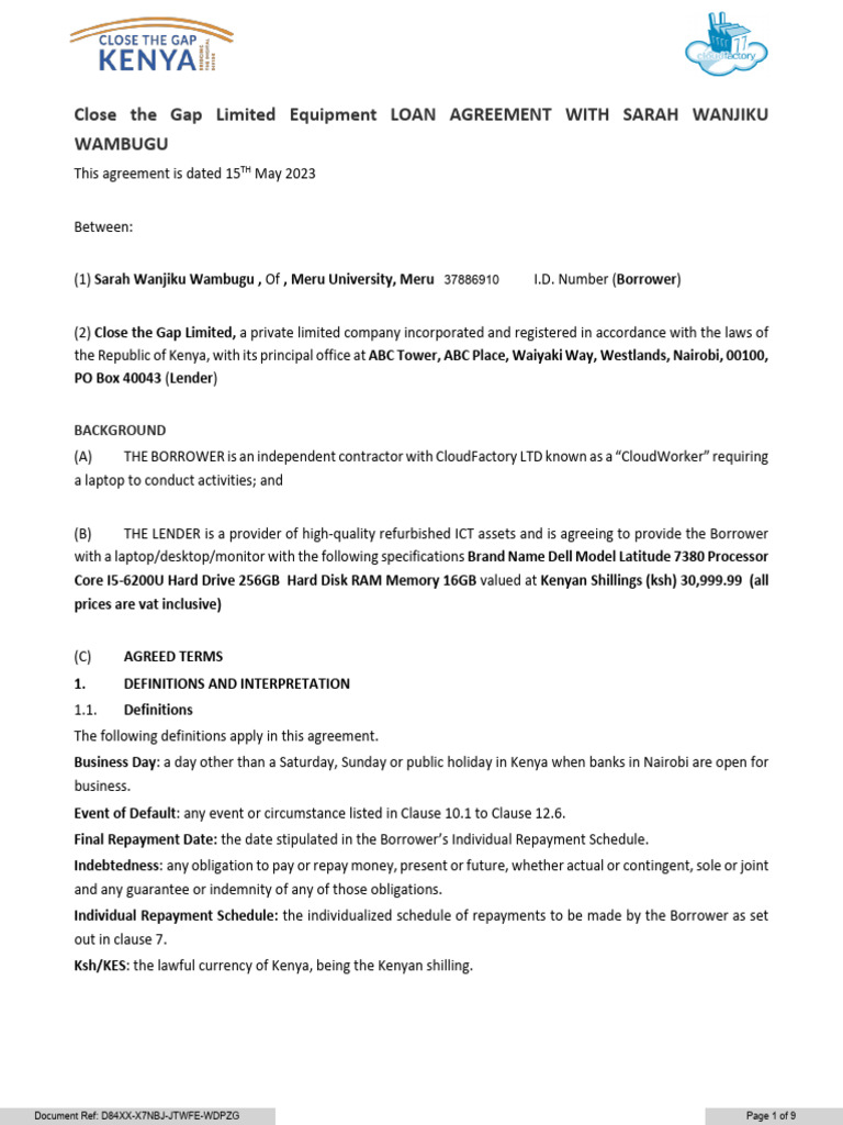 Sarah Wanjiku Wambugu - CTG Equipment Finance Loan Agreement | PDF ...