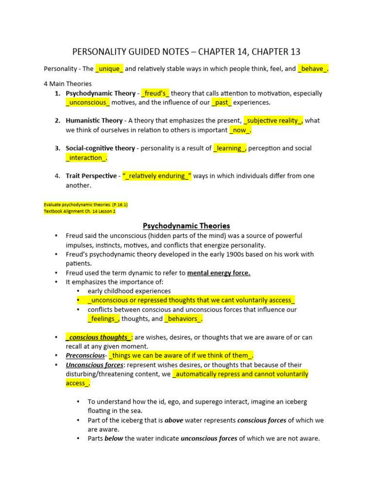 Part 1 - Personality Guided Notes | PDF | Id | Unconscious Mind