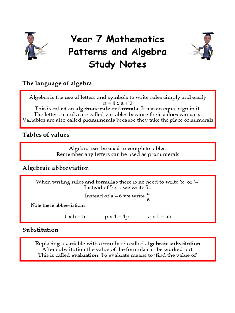 Year 7 Algebra Study Notes | PDF