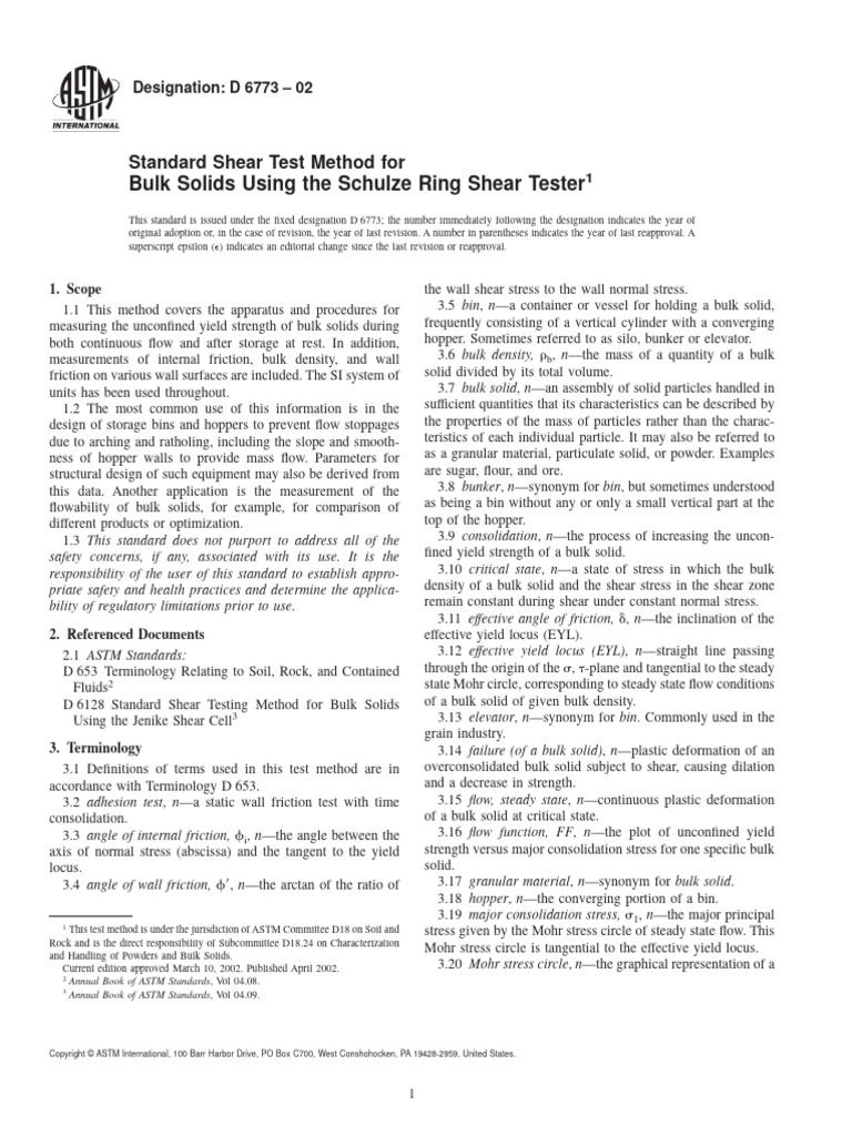D6773-02 Standard Shear Test Method For Bulk Solids Using The Schulze ...