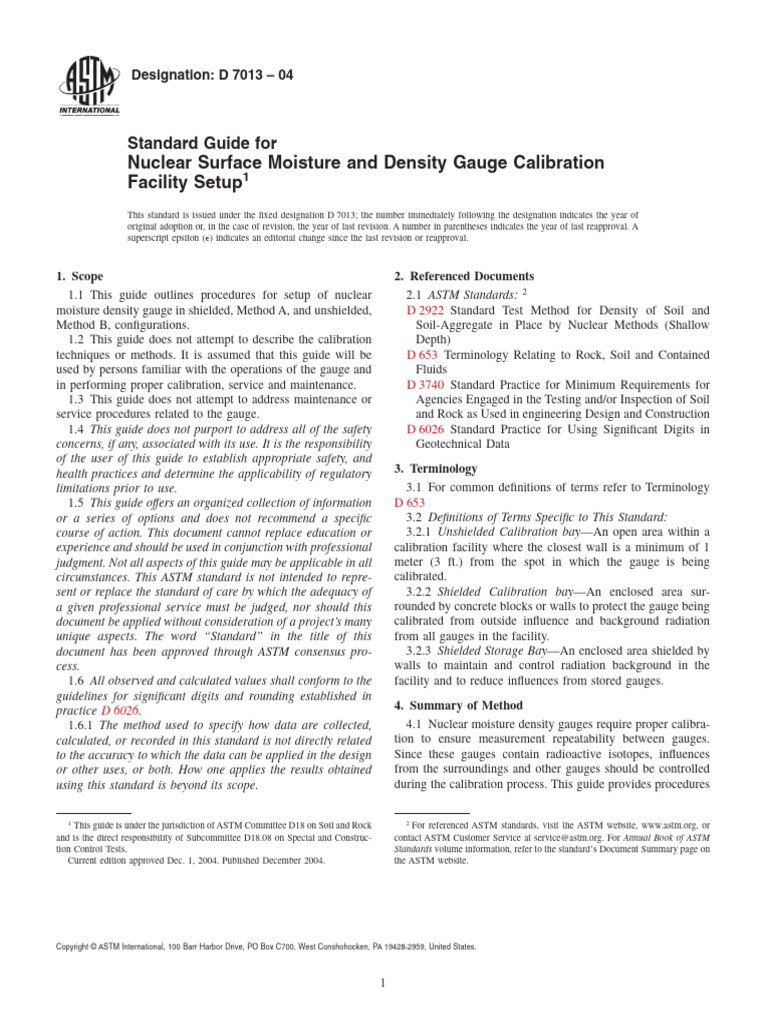 D7013-04 Standard Guide For Nuclear Surface Moisture and Density Gauge ...
