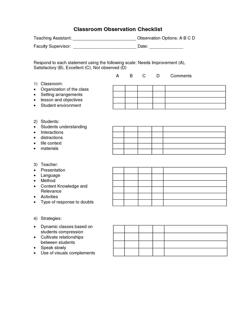 Classroom Observation Checklist | PDF
