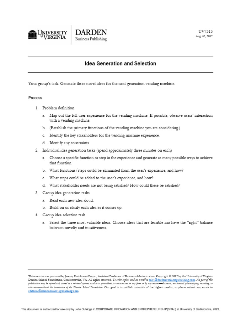 Idea Generation And Selection Pdf