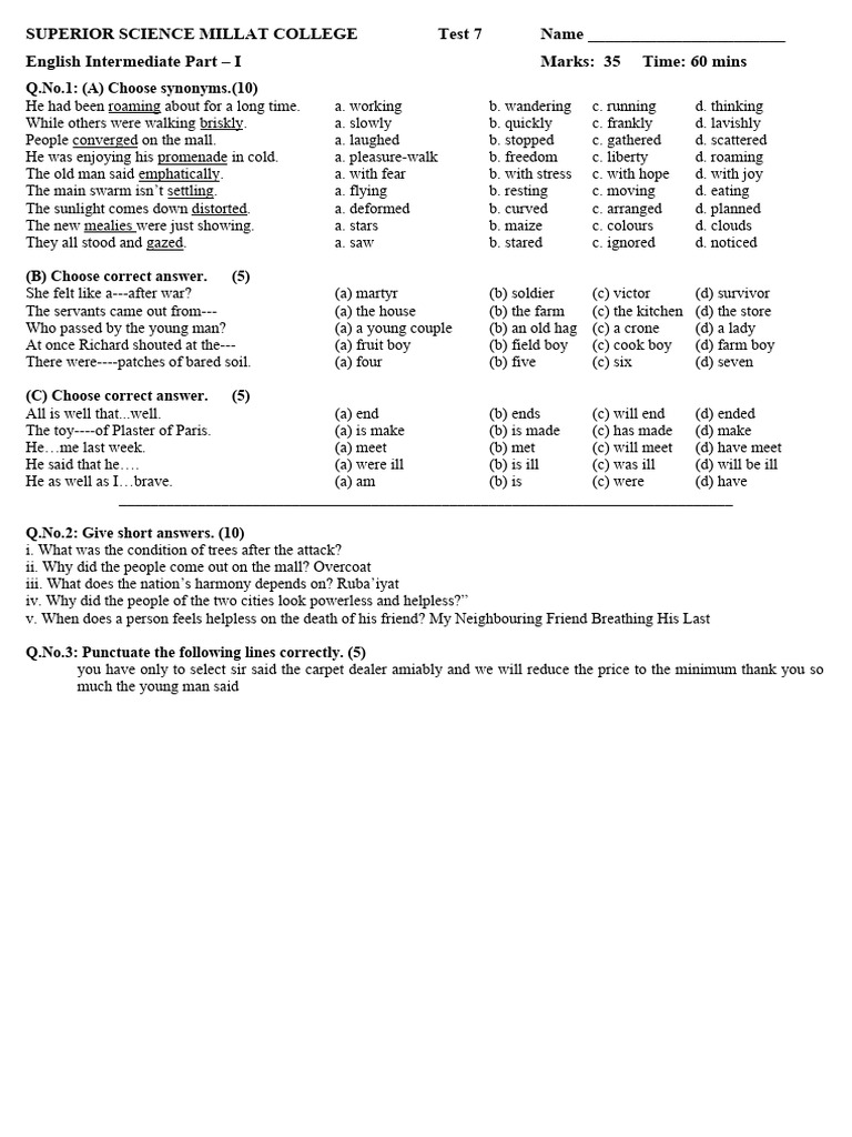 Short Test 1st Year (Test No 7) | PDF