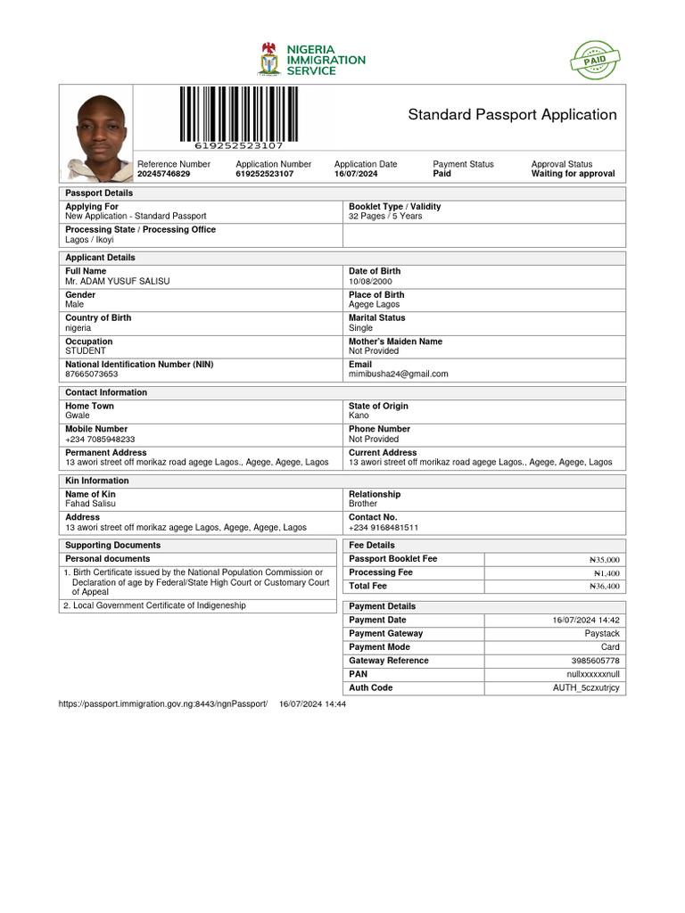 Salisu Application Slip | PDF | Identity Document | Government And Personhood