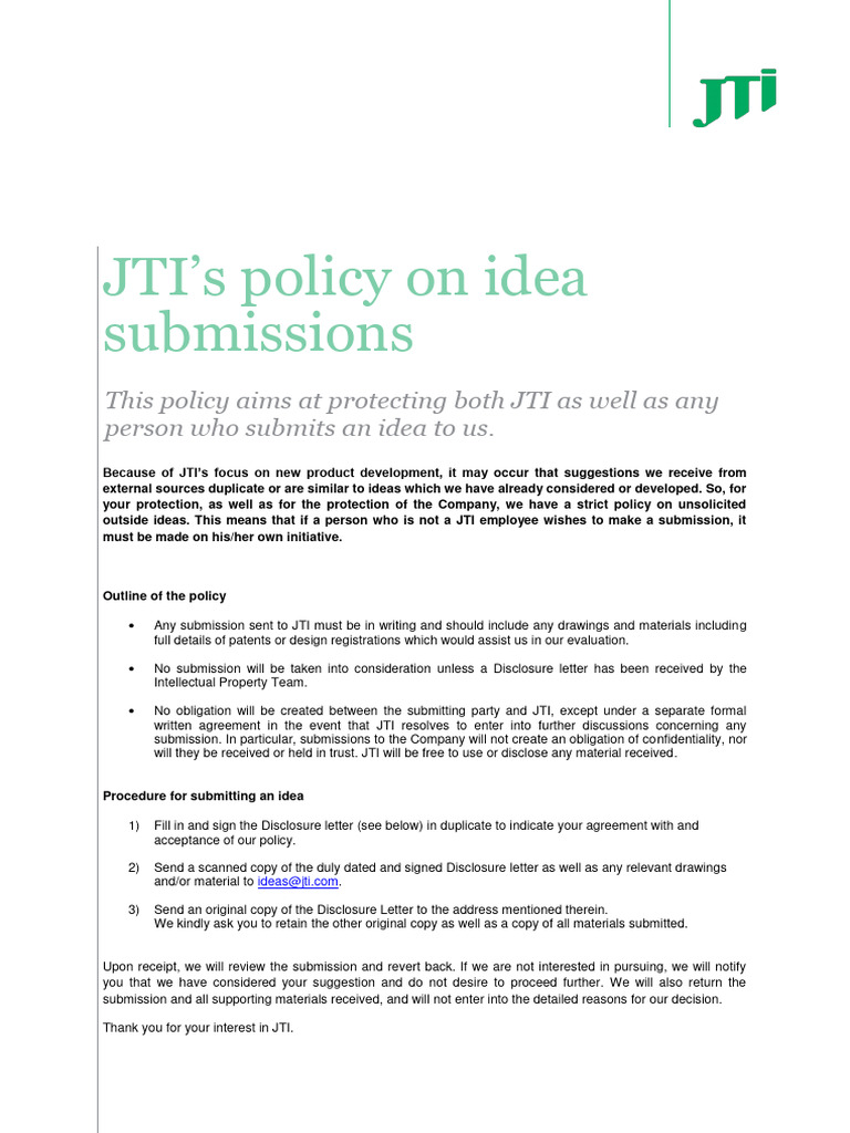Unsolicited Ideas External Policy Explanation For JTI Com ROA | PDF ...