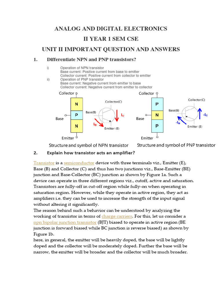 II CSE ADE Unit 2 Important Question and Answers | PDF | Bipolar Junction Transistor | P–N Junction