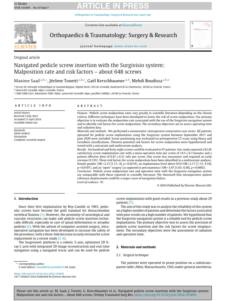 Navigated Pedicle Screw Insertion With The Surgivi - 2024 - Orthopaedics - Traum | PDF | Surgery ...