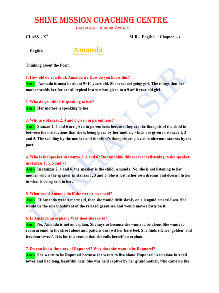 CLASS XTH English Poem Amanda | PDF | Art | Poetry