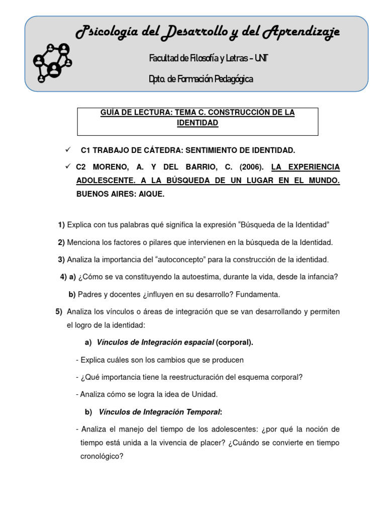 TEMA C. GUÍA DE LECTURA. Construcción de La Identidad | PDF ...