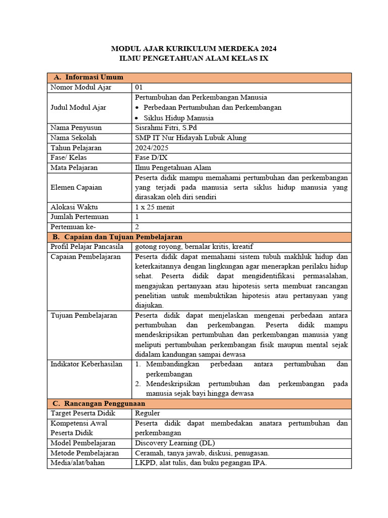 Modul Ajar Pertumbuhan Dan Perkembangan Manusia | PDF | Karier & Perkembangan