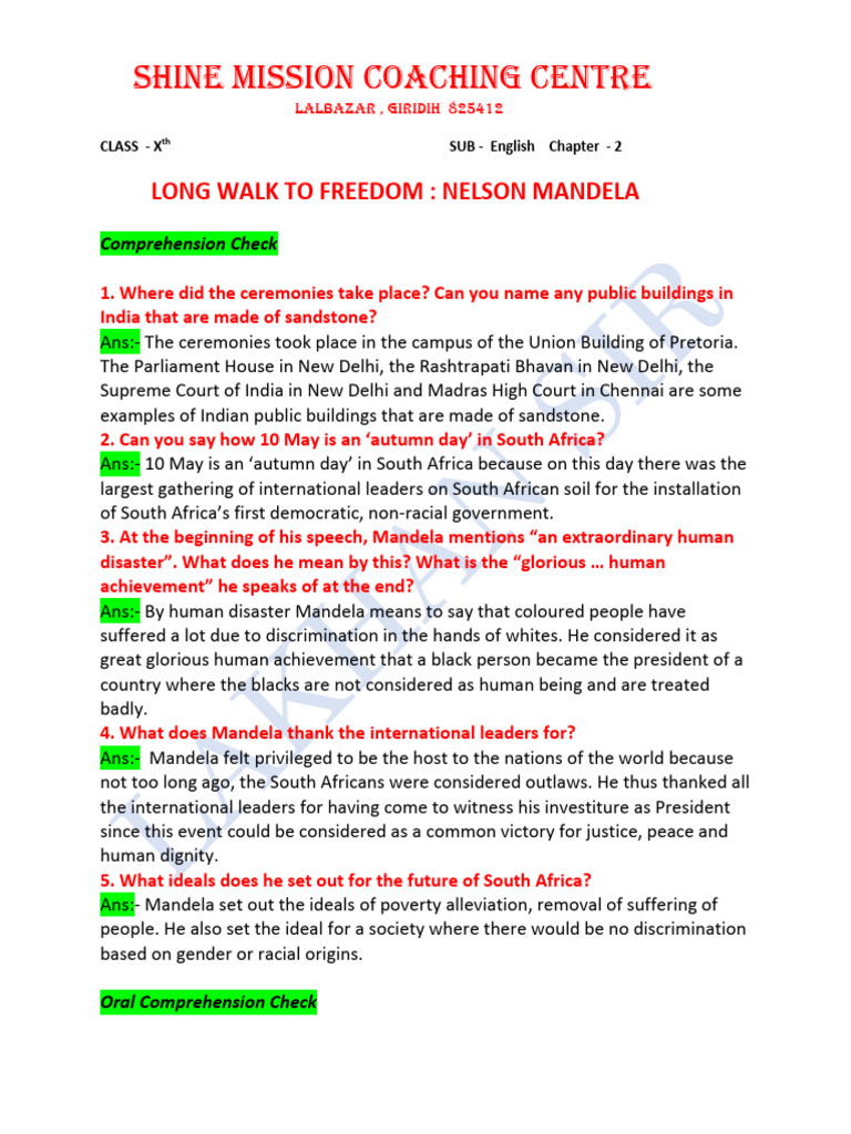 CLASS XTH Long Walk To Freedom Nelson Mandela | PDF | Nelson Mandela ...