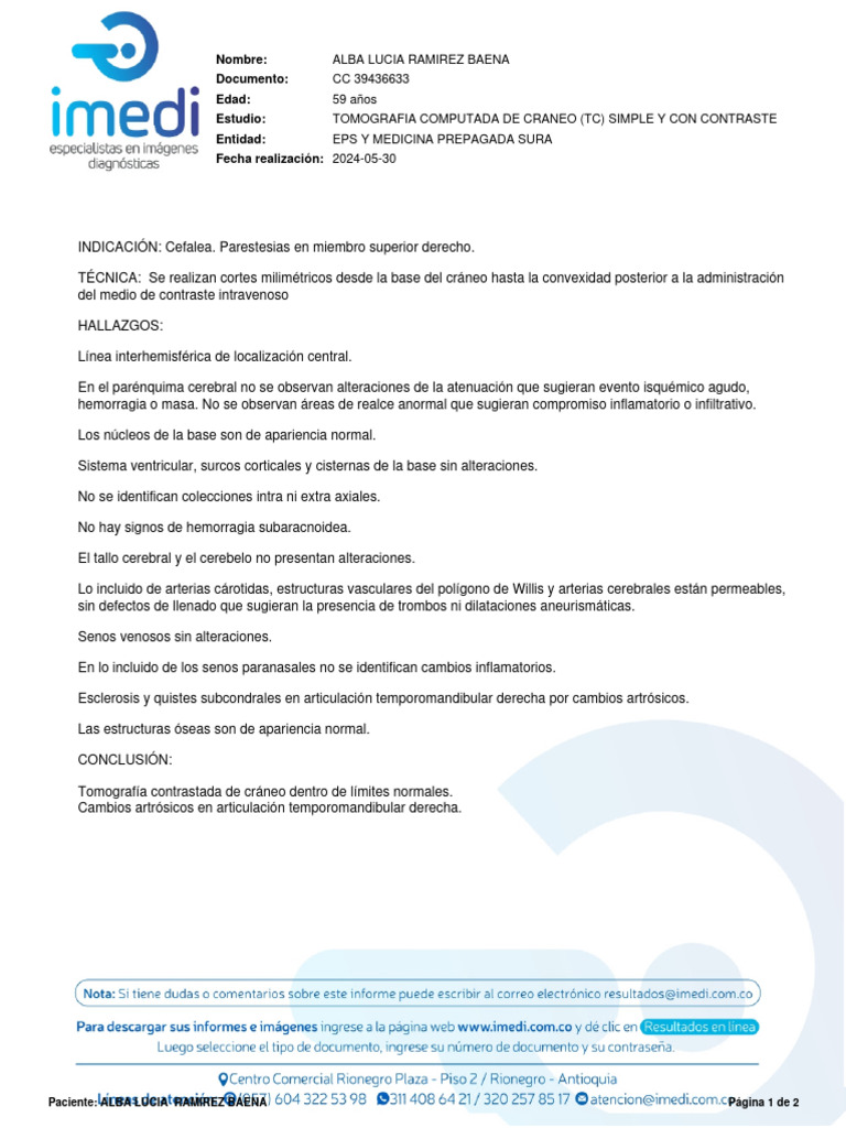 Tomografia Computada de Craneo (TC) Simple y Con Contraste | PDF | Ct ...
