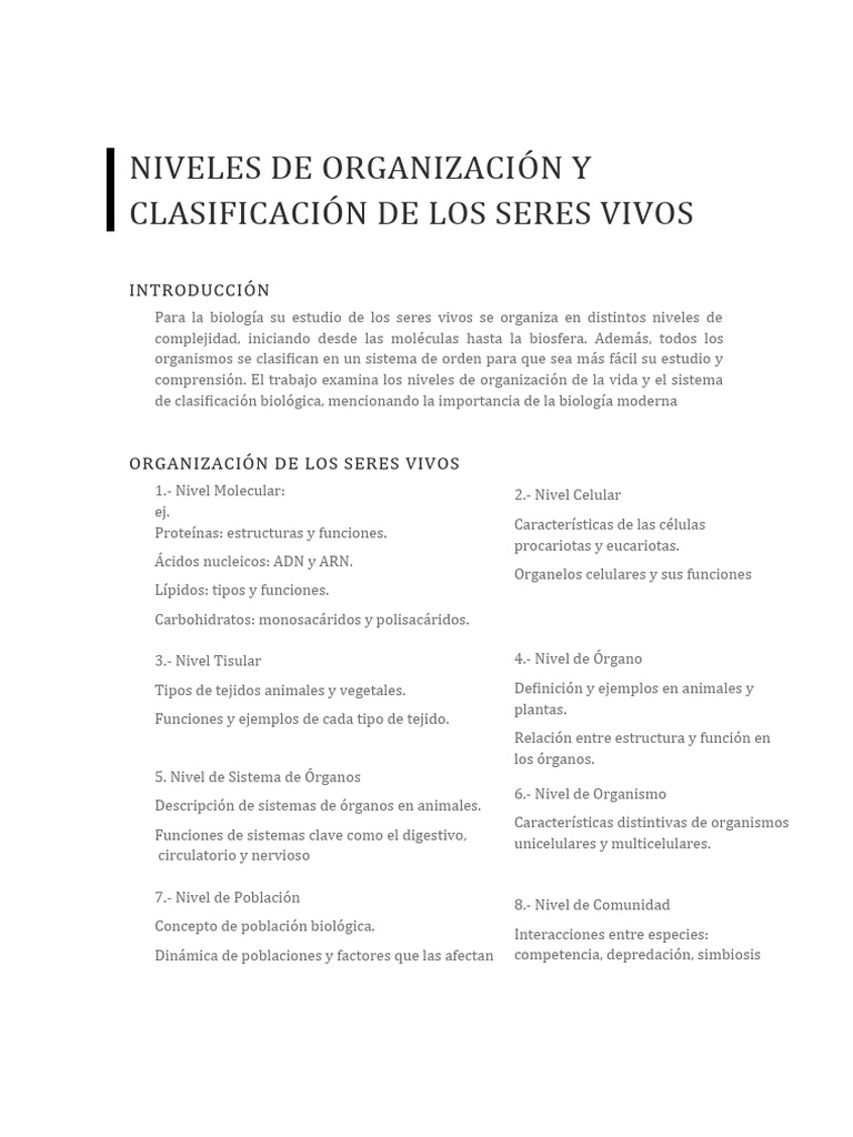 Niveles de Organización y Clasificación de Los Seres Vivos | PDF ...