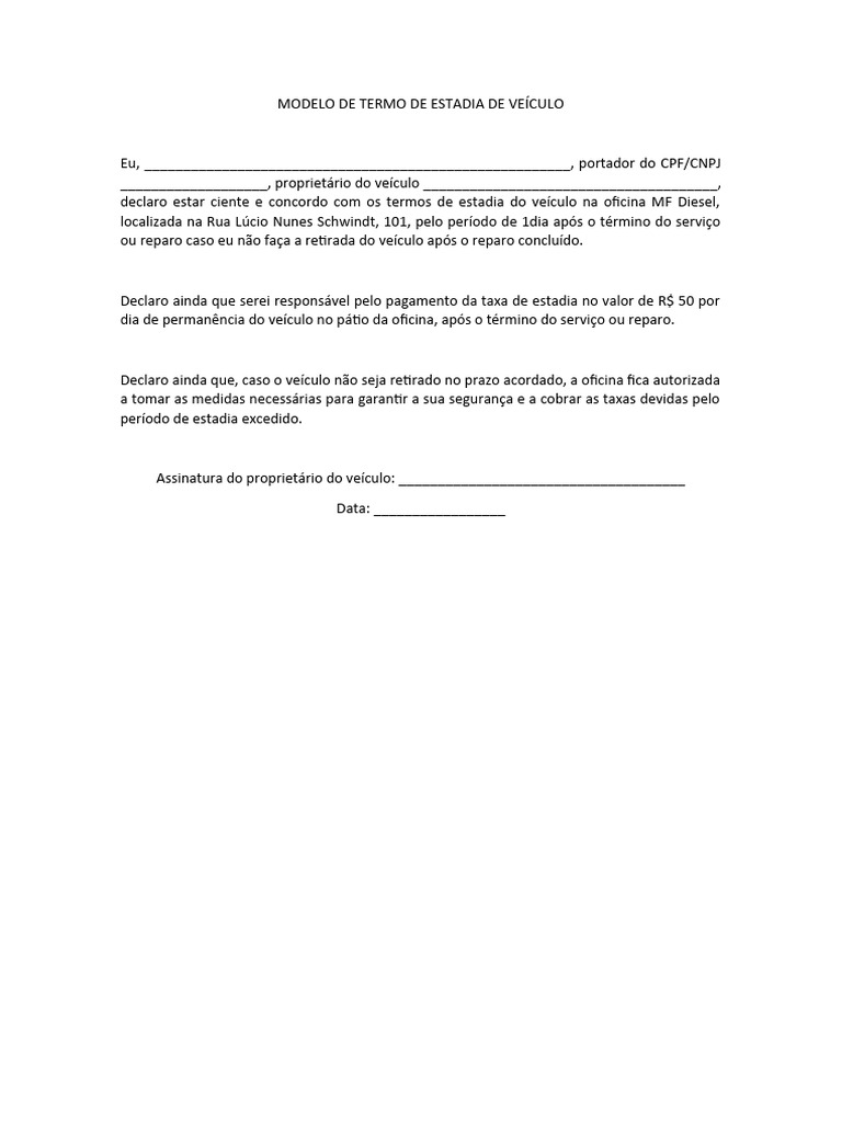 Modelo De Termo De Estadia De Veículo Pdf