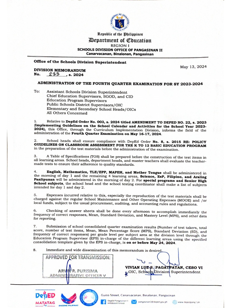 DM 233 S. 2024 Administration of The 4th Quarter Examination For The SY 2023 2024 | PDF