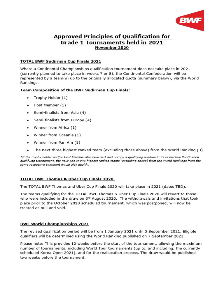 Approved Principle of Qualification For Grade 1 Tournaments Held in ...