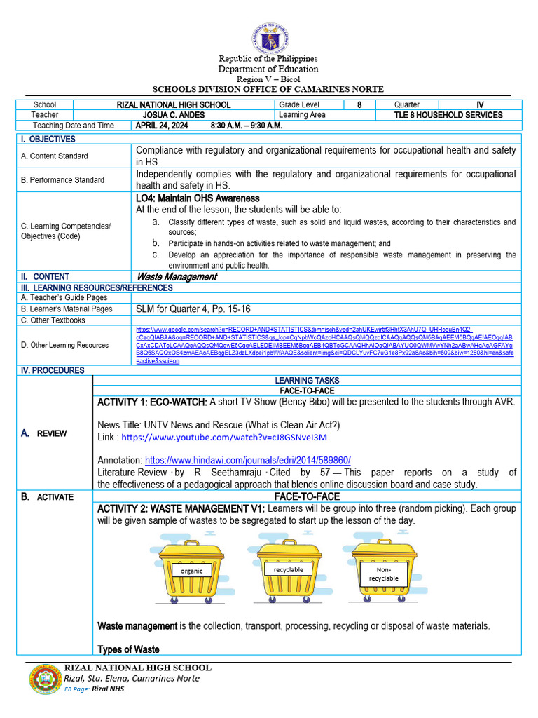 Waste Management Lesson Plan for Grade 8 | PDF | Waste | Waste Management