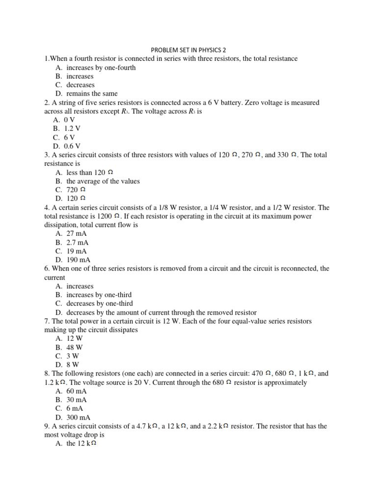 Problem Set Finals in Physics 2 | PDF | Resistor | Series And Parallel Circuits