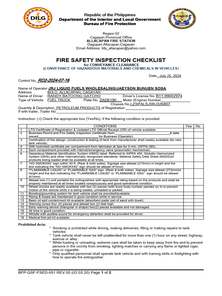 FSED 51F Fire Safety Inspection Checklist Conveyance Clearance Rev00 1 ...