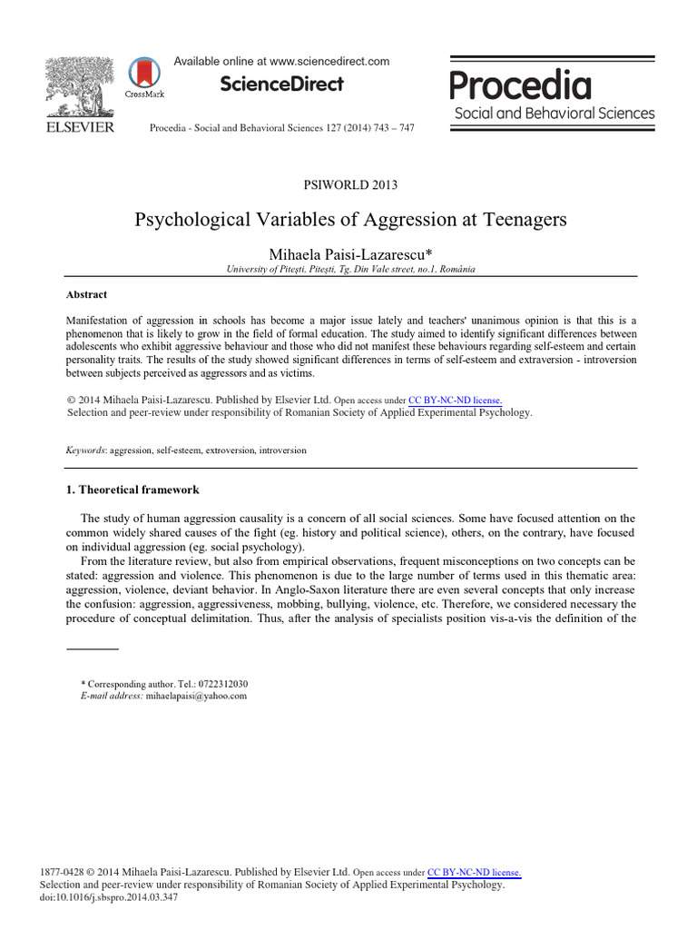 2014 - Psychological Variables of Aggression at Teenagers | PDF | Extraversion And Introversion ...