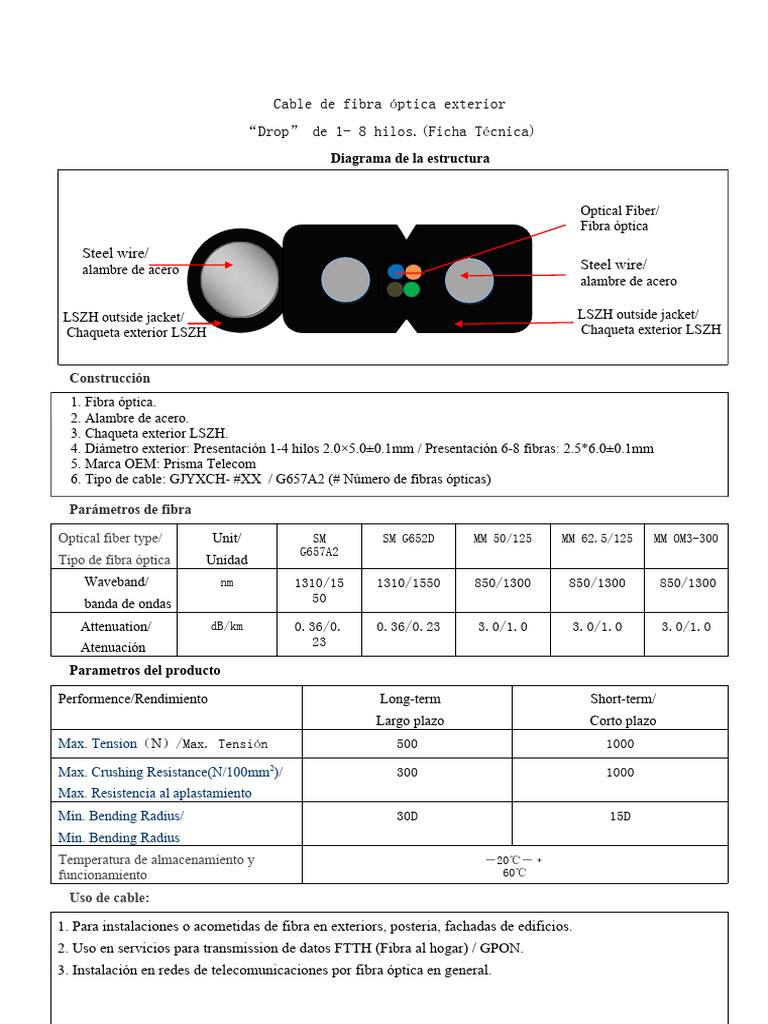 FTTH DROP CABLE- 1-8c DATASHEET -Prisma Telecom | PDF | Fibra óptica ...