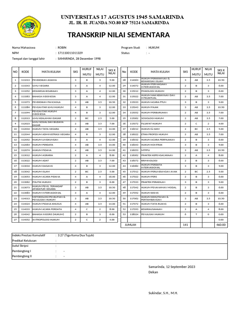 Cetak Transkrip 171110011011329 | PDF