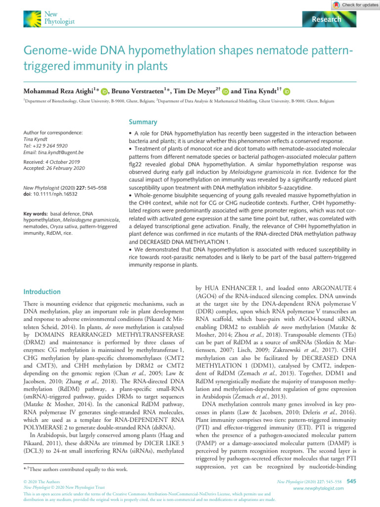 Genome-Wide DNA Hypomethylation Shapes Nematode Pattern - Triggered Immunity in Plants | PDF ...
