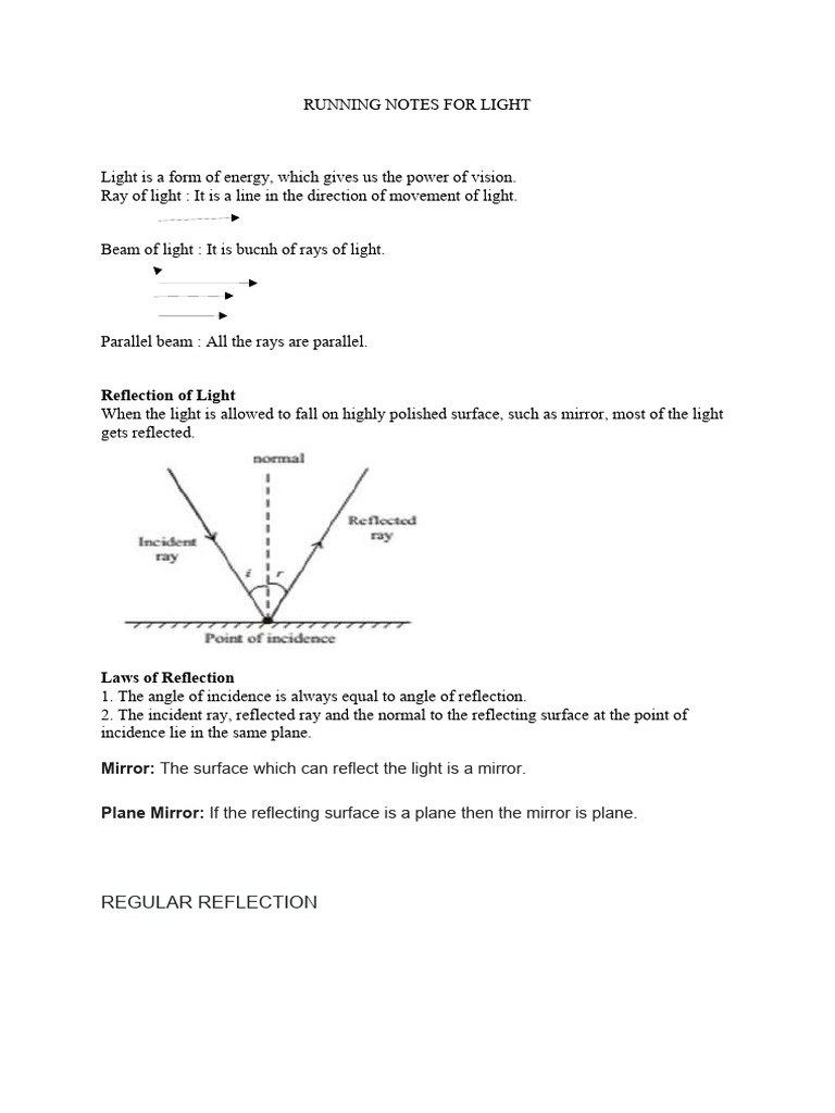 Running Notes Of Light Class 10 Pdf Reflection Physics Mirror