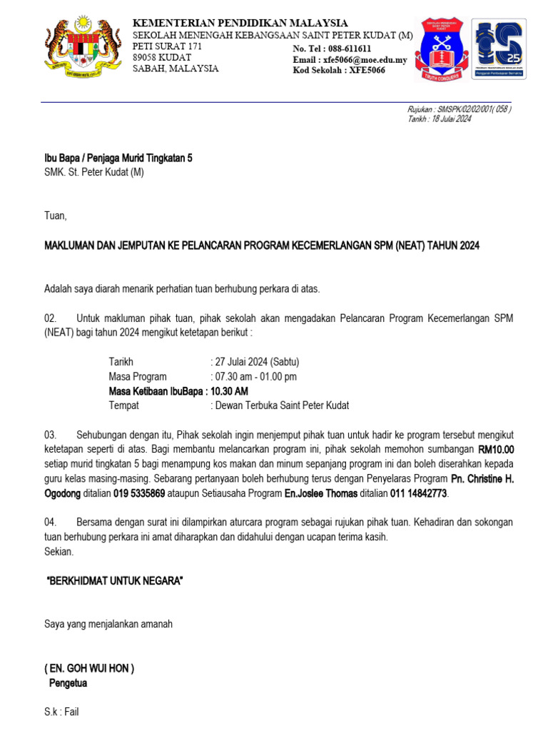 Surat Jemputan Dan Makluman Ibubapa Neat 2024 | PDF