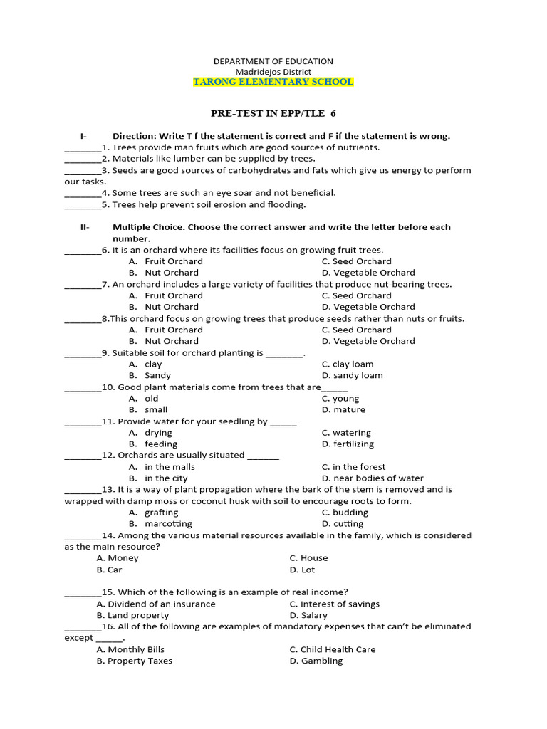 Pre-Test - Tle 6 | PDF | Trees | Engraving