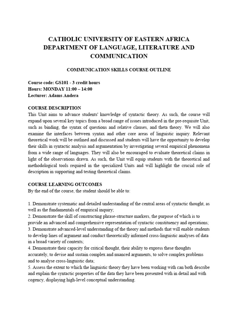 AdVANCED THEORETICAL SYNTAX COURSE OUTLINE | PDF | Syntax | Human Communication