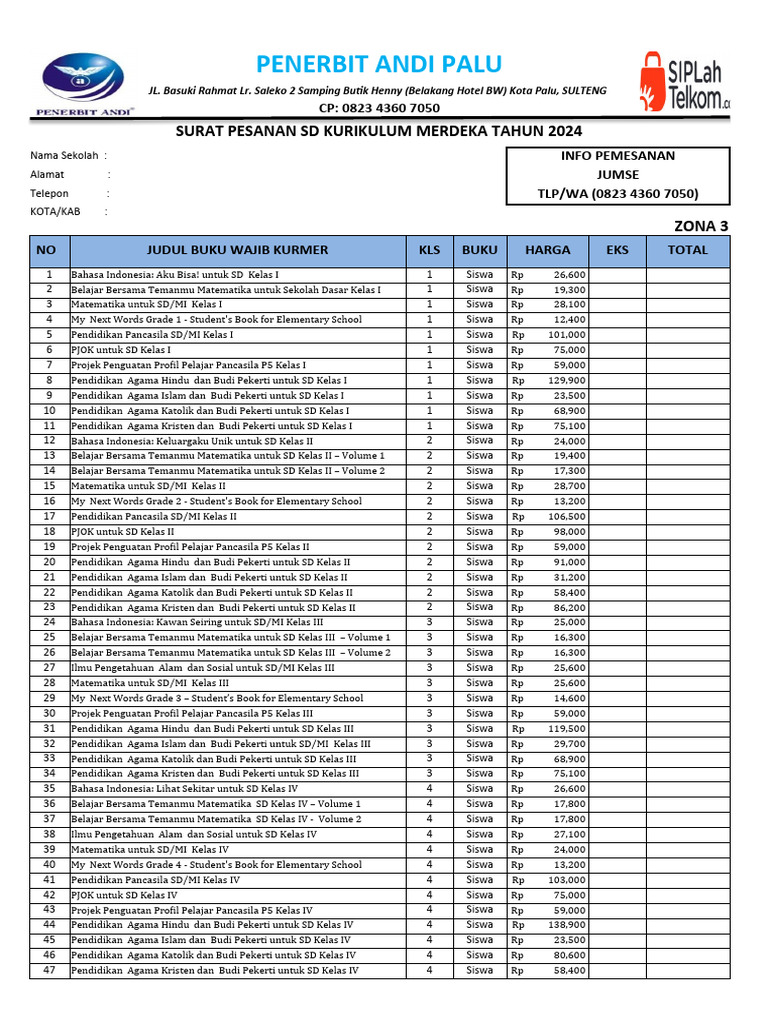 Form Palu Pesanan SD, SMP & Sma Kurmer Z3 2024 | PDF