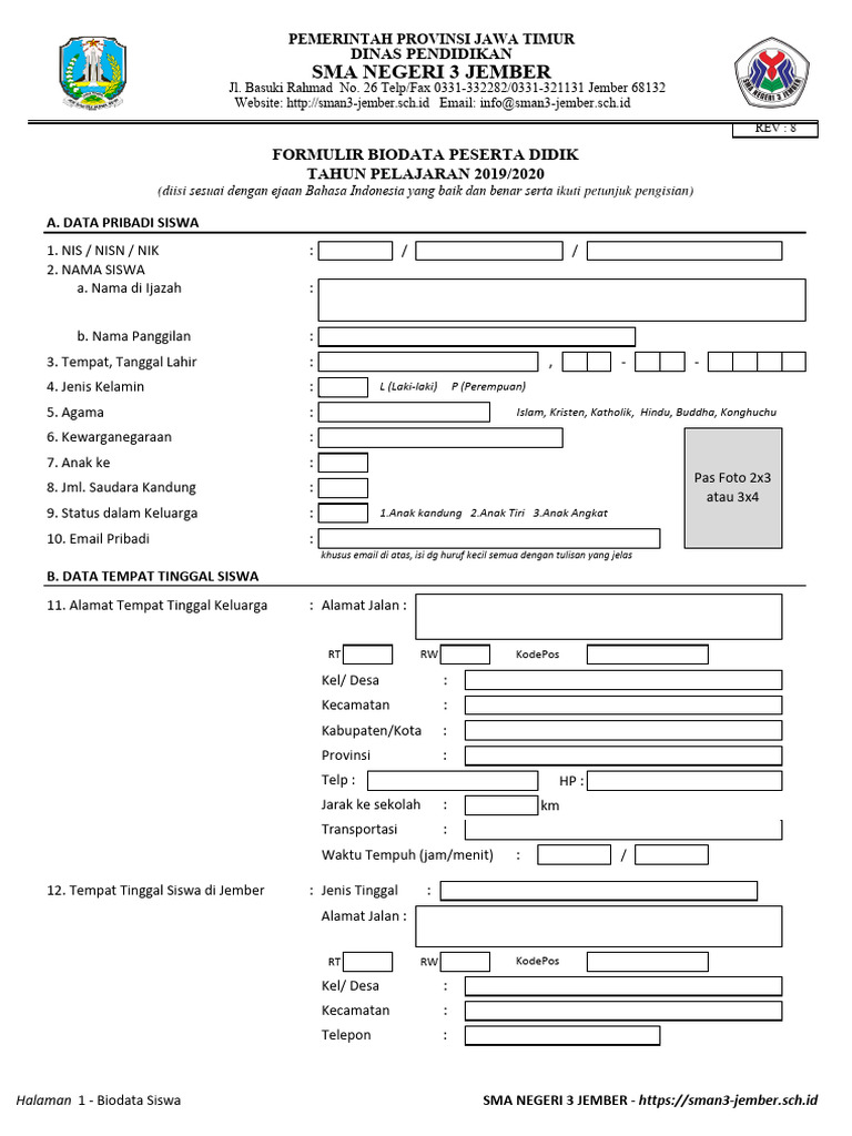 A04 Form Biodata Peserta Didik Rev8 - Kosong | PDF