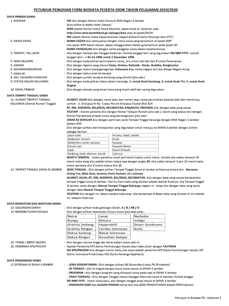 (Petunjuk Pengisian) A04 Form Biodata Peserta Didik Rev8 | PDF