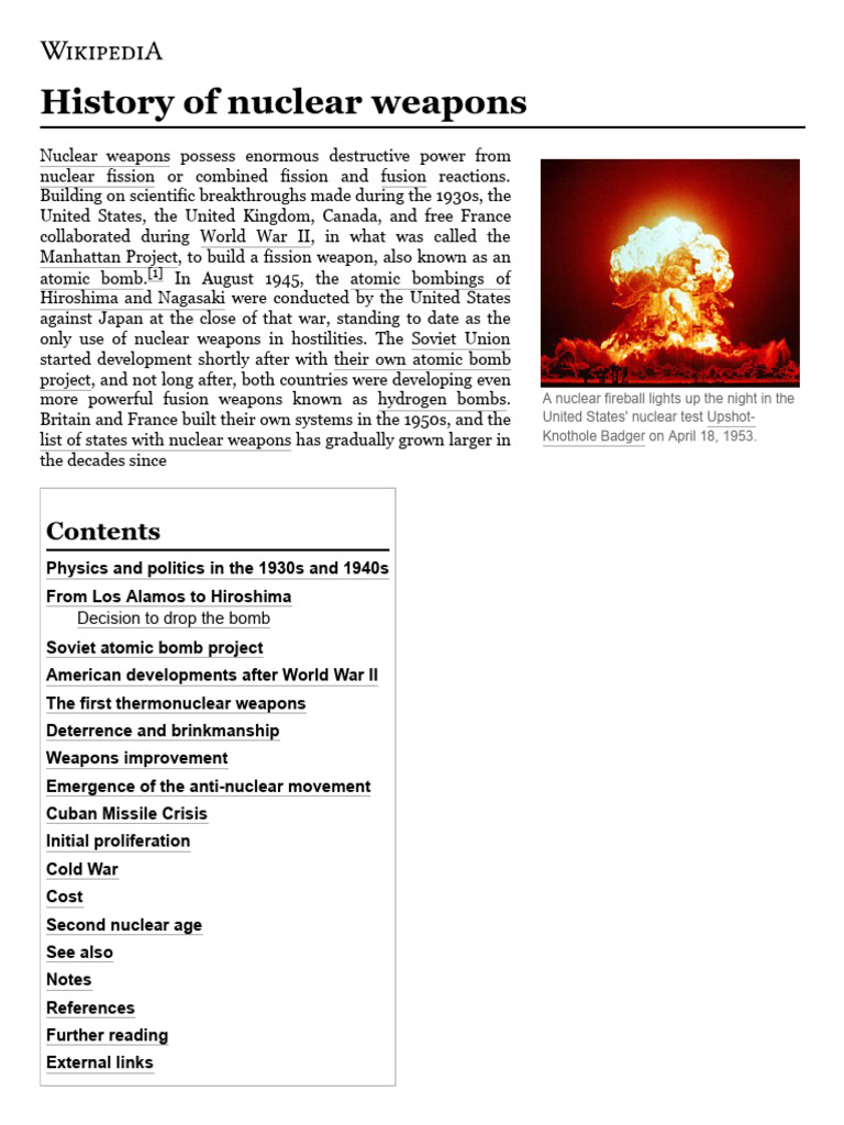 History of Nuclear Weapons - Wikipedia | PDF | Nuclear Weapons | Plutonium