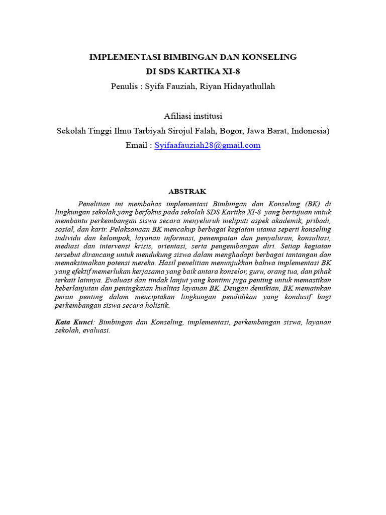 Artikel Implementasi BK (Riyan Hidayathullah) | PDF | Karier & Perkembangan