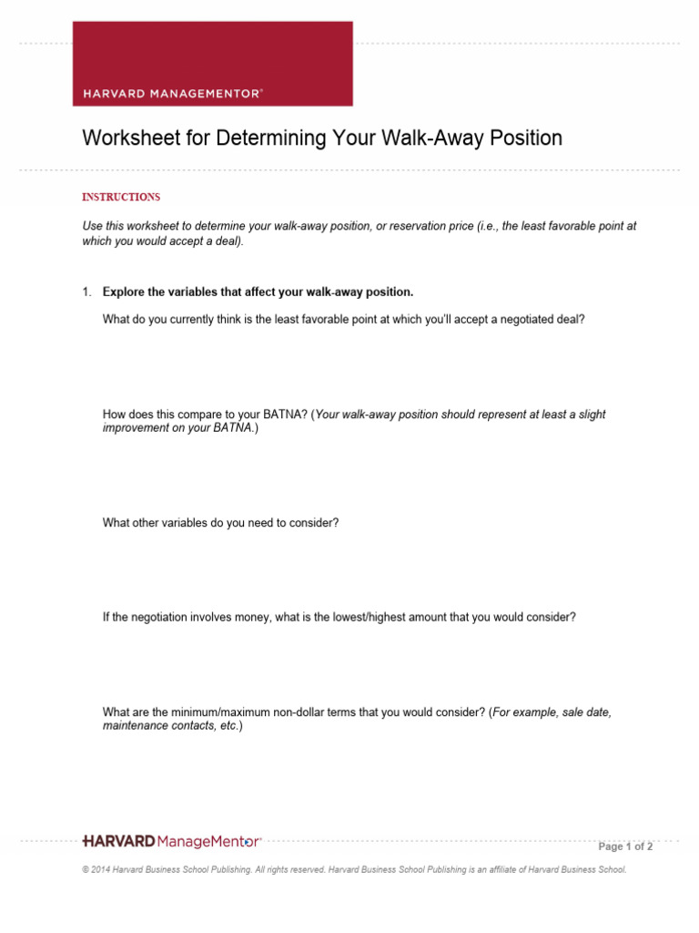 Worksheet For Determining Your Walk-Away Position | PDF