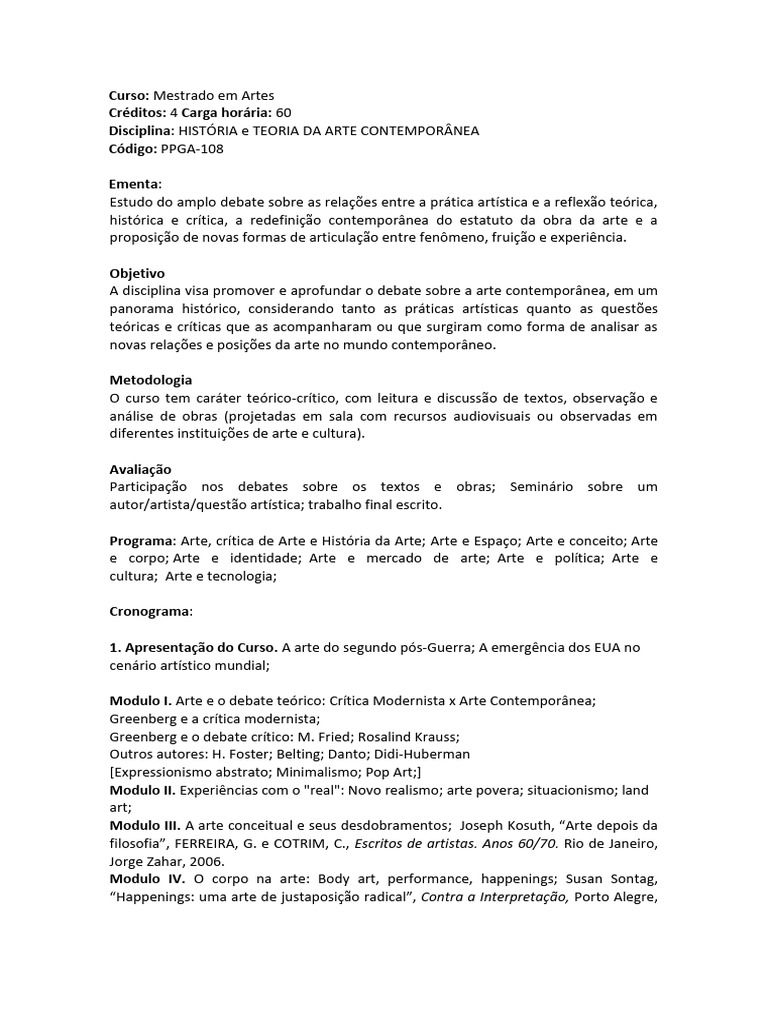 Programa Teoria e Historia Da Arte Contemporanea - Professora Renata Cardoso - Ppga 2019.2 | PDF ...