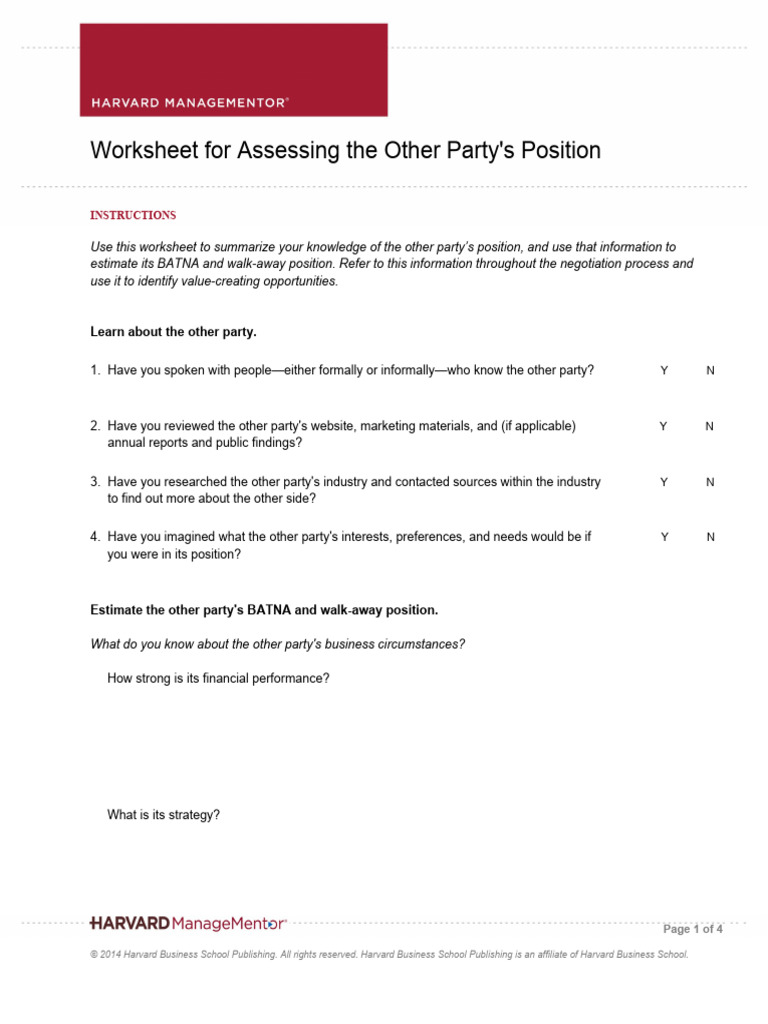 Worksheet For Assessing The Other Party's Position | PDF | Negotiation ...
