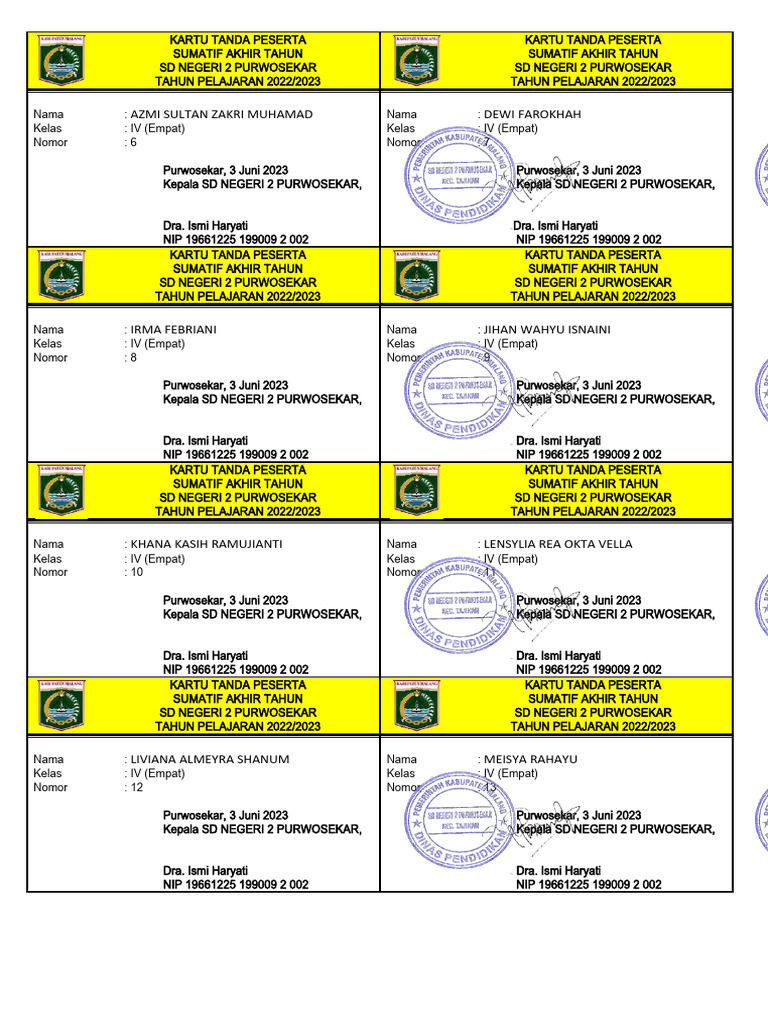 KARTU TANDA PESERTA Kelas 4 2022 | PDF
