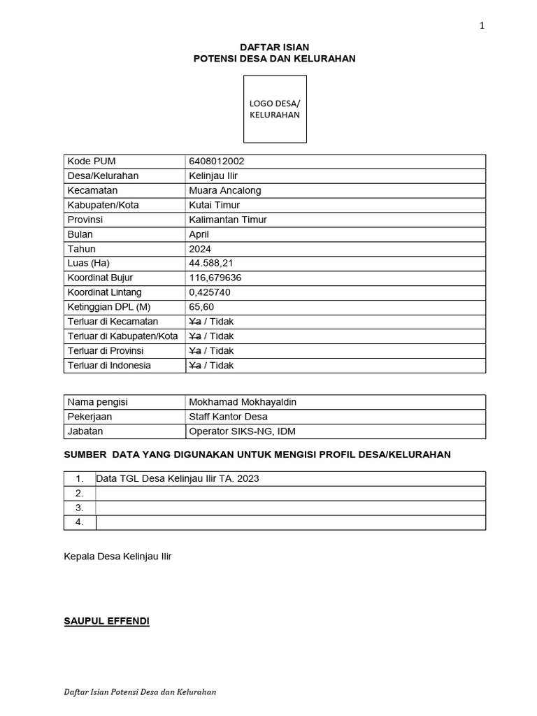 Kuisioner Data Potensi Desa | PDF
