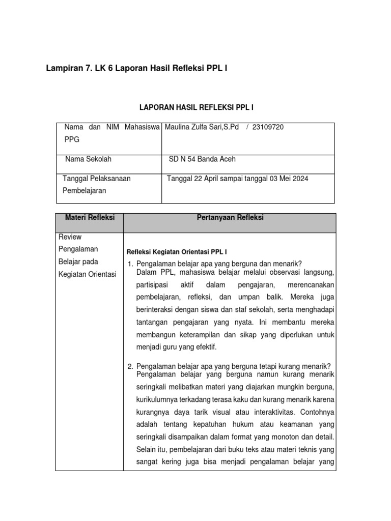 01.05.6-B5-3 Unggah LK 6 - Laporan Hasil Refleksi PPL 1 | PDF | Karier & Perkembangan ...